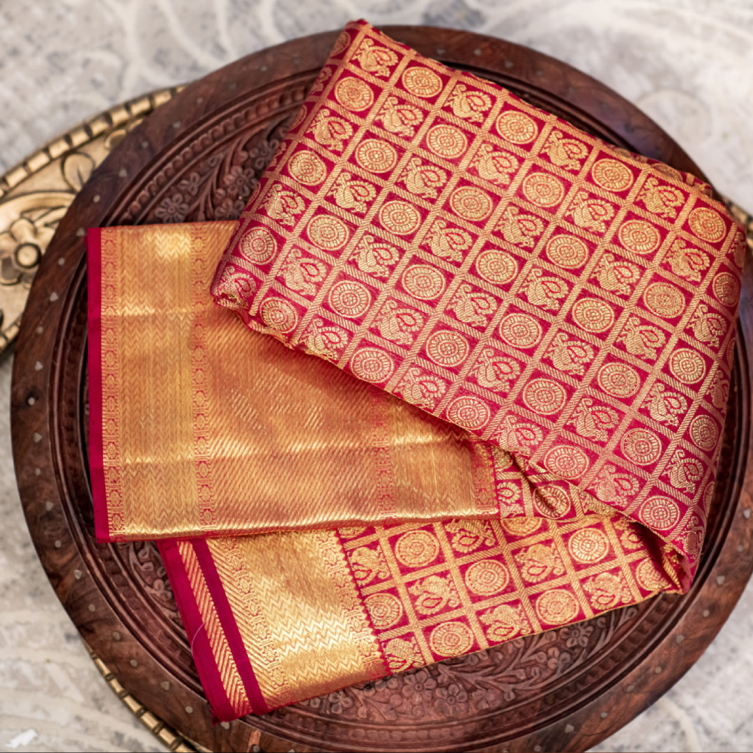 Chilly Red Bridal Kanchipuram Silk Saree with Peacock Motifs