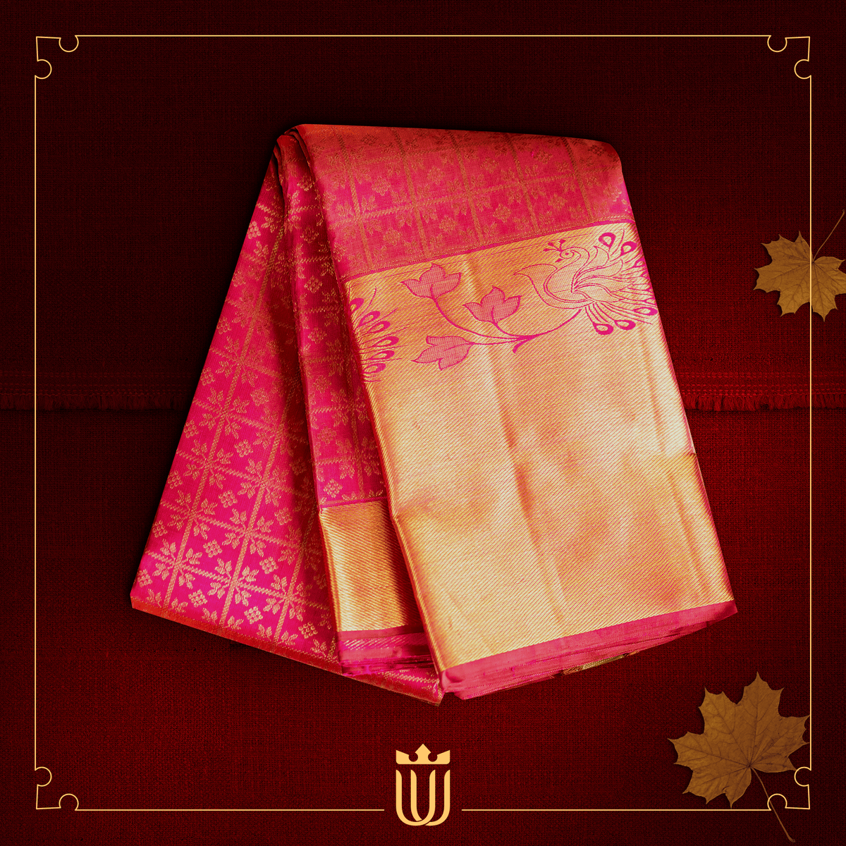 Vermillion Red Kanchipuram Silk Saree with Golden Border